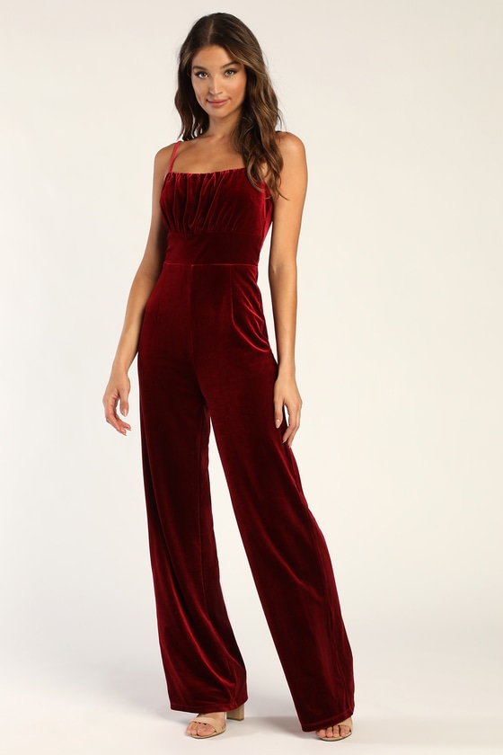 Burgundy Jumpsuit Luxe Velvet Jumpsuit Wide Leg Jumpsuit Lulus