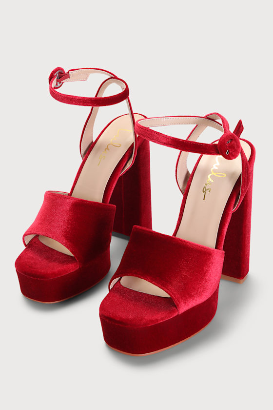 Red Platform Heels - Velvet High Heels - Ankle Strap High Heels - Lulus