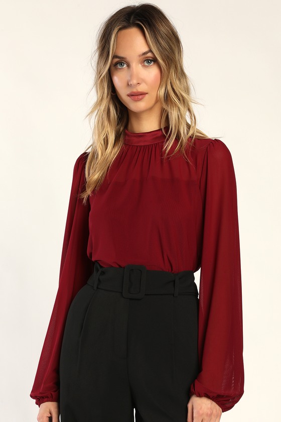 Wine Red Bodysuit Mesh Bodysuit Long Sleeve Bodysuit Lulus