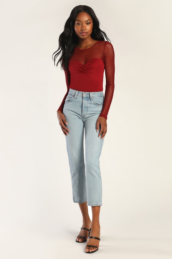 Wine Red Bodysuit Swiss Dot Bodysuit Mesh Bodysuit Bodysuit Lulus