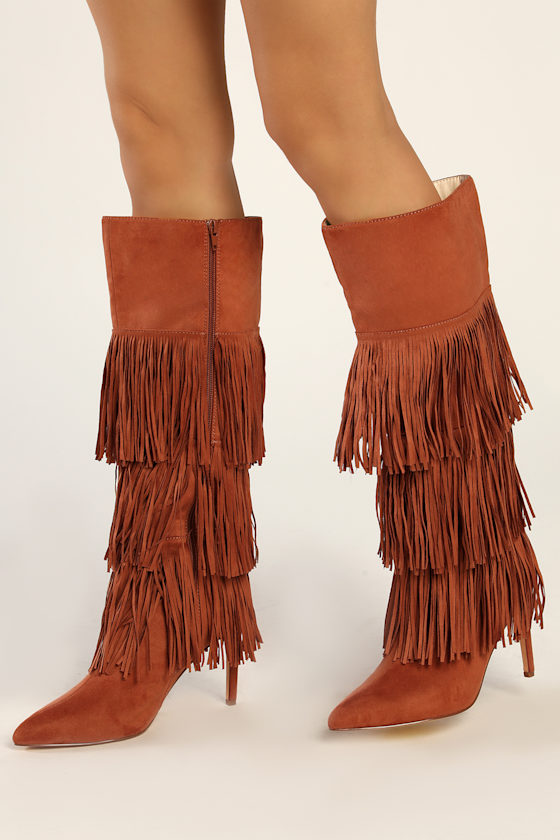 Brown Fringe Boots - Knee-High Boots - Brown Stiletto Heel Boots - Lulus