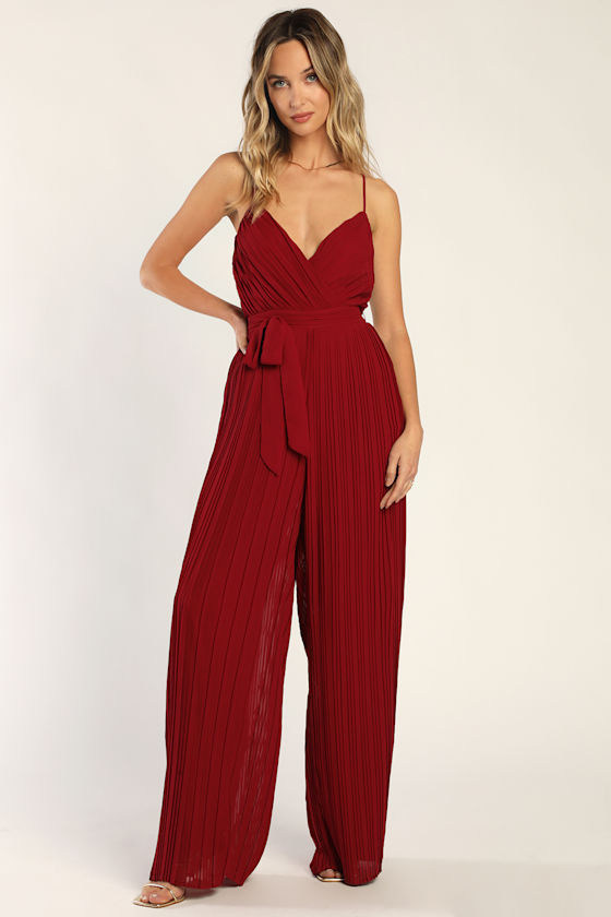 Wine Red Jumpsuit - Pleated Jumpsuit - Belted Jumpsuit - Lulus