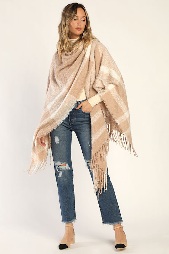 Beige Plaid Knit Wrap - Oversized Wrap - Fringe Wrap - Lulus