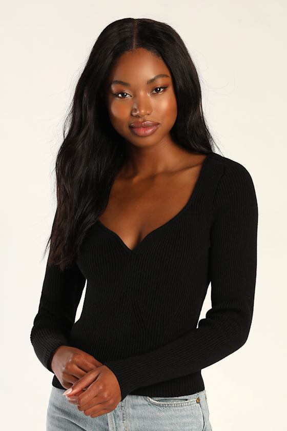 Ribbed Sweater Top - Black Ribbed Top - Notched Top - Sweater Top - Lulus