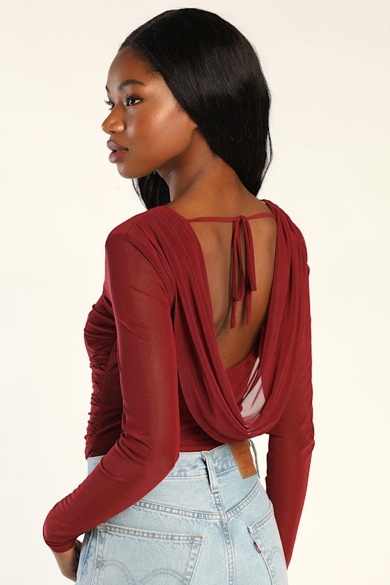 Burgundy Mesh Bodysuit - Cowl Back Top - Long Sleeve Mesh Top - Lulus