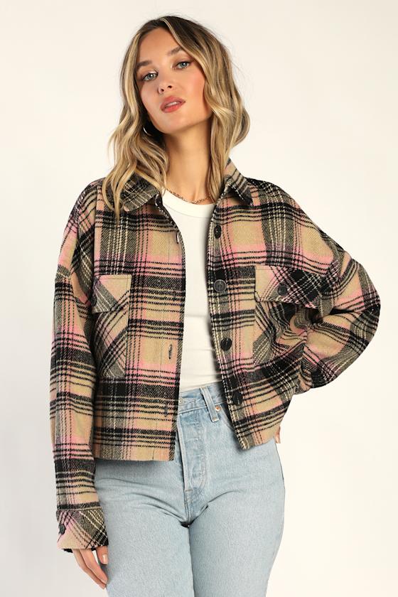 Beige and Pink Shacket - Plaid Shacket - Cropped Shacket - Lulus