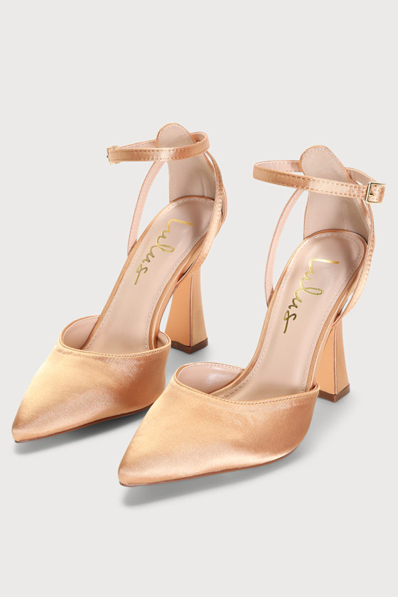Gold Satin Heels - Gold Pointed-Toe Heels - Ankle Strap Pumps - Lulus