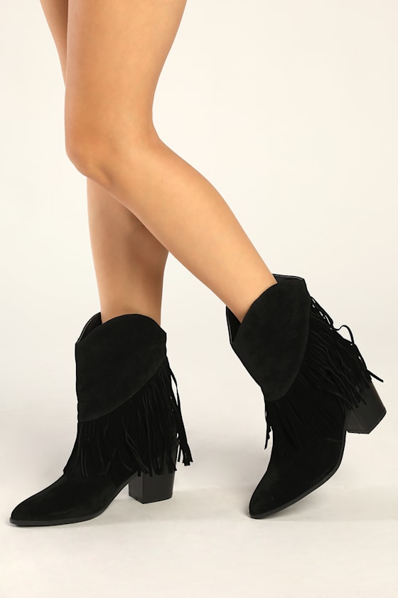 Black Fringe Boots - Fringe Mid-Calf Boots - Festival Fashion - Lulus
