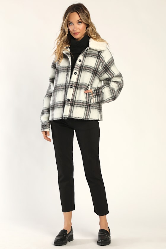 Cute Ivory Plaid Shacket - Faux Fur Collared Shacket - Shacket - Lulus