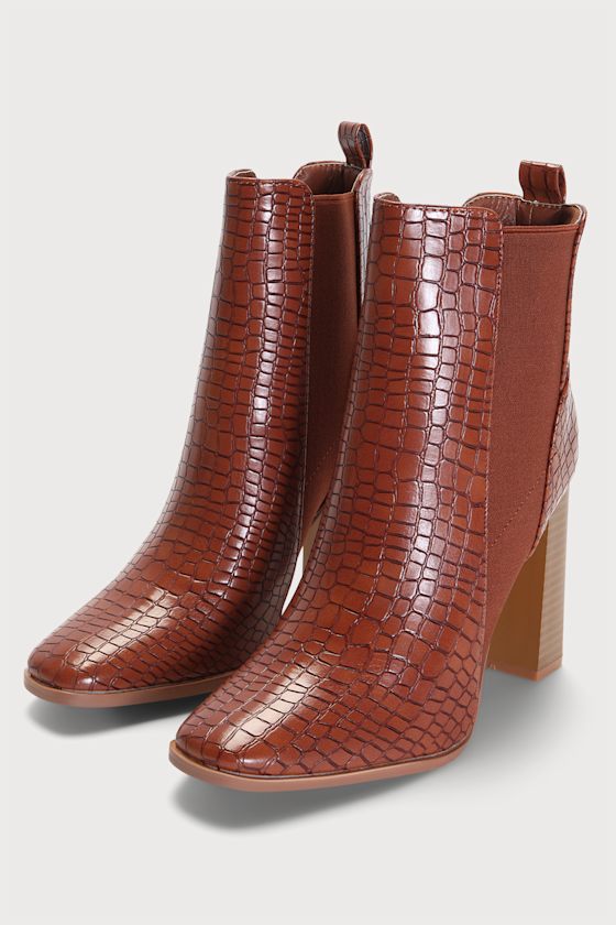 Brown Crocodile-Embossed Boots - Mid-Calf Boots - High Heel Boots - Lulus