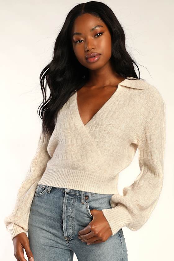 Cozy Beige Sweater - Collared Sweater Top - Surplice Sweater Top - Lulus