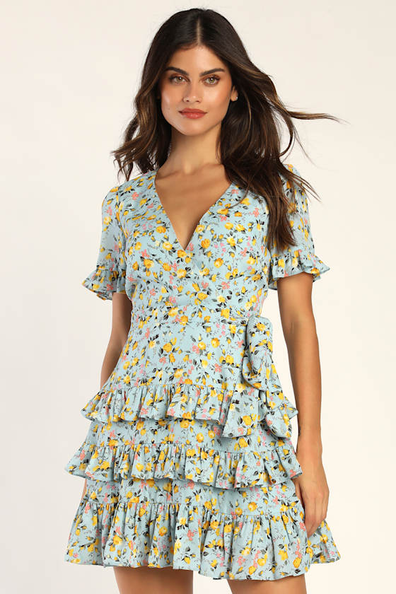 Lovely Light Blue Floral Print Dress - Tiered Ruffle Mini Dress - Lulus