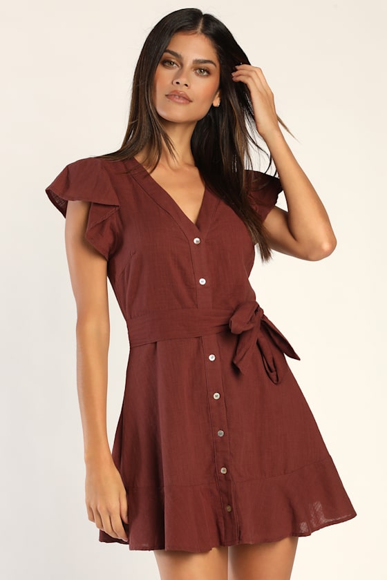 Breezy Brown Dress - Button-Up Dress - Ruffled Cotton Mini Dress - Lulus