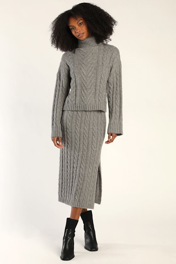 Grey Midi Dress - Cable Knit Dress - Two-Piece Sweater Dress - Lulus