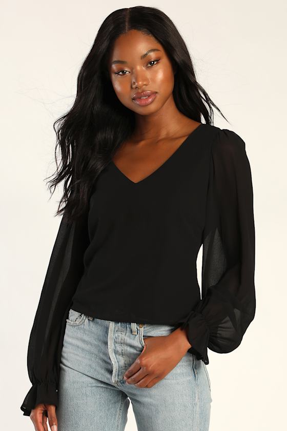 Black Blouse - Long Sleeve Top - Ruffled Sleeve Blouse - Lulus