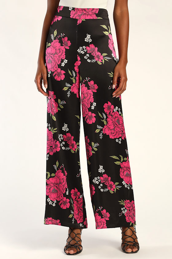 Black Floral Print Pants - Floral Satin Pants - Wide-Leg Pants - Lulus