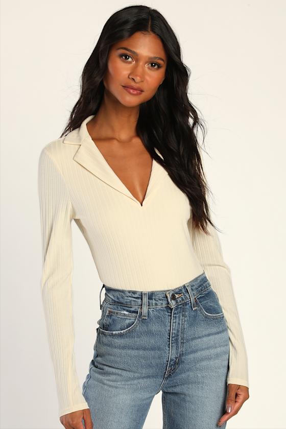 Cream Ribbed Top - Long Sleeve Top - Collared Long Sleeve Top - Lulus