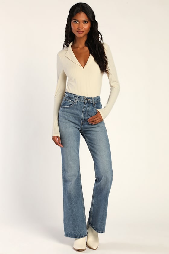Cream Ribbed Top - Long Sleeve Top - Collared Long Sleeve Top - Lulus