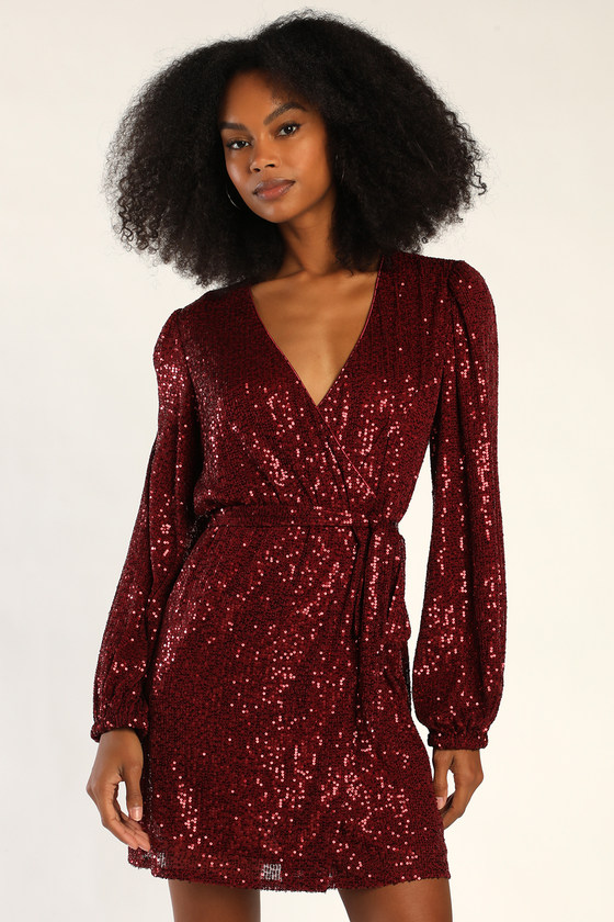 Burgundy Sequin Dress Sequin Mini Dress Wrap Sequin Dress Lulus