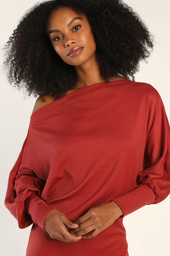 Rust Red Knit Dress - Off-the-Shoulder Dress - Ribbed Dress - Lulus