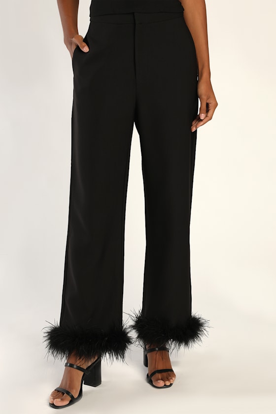 Feather-Trimmed Pants - Black Pants - Black Straight Leg Pants - Lulus
