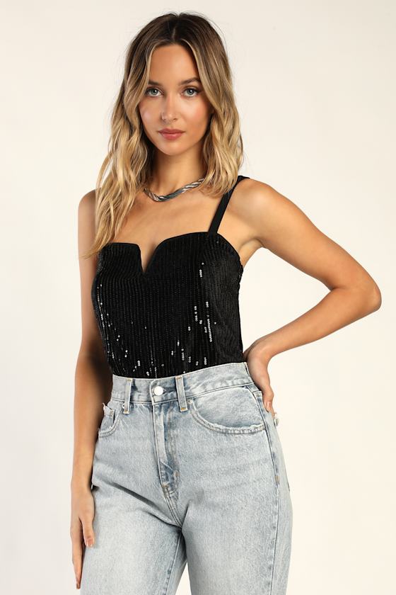 Black Velvet Bodysuit - Sequin Bodysuit - Velvet Bodysuit - Lulus