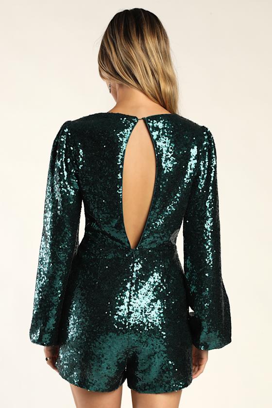 Teal Green Romper - Balloon Sleeve Romper - Sequin Romper - Lulus