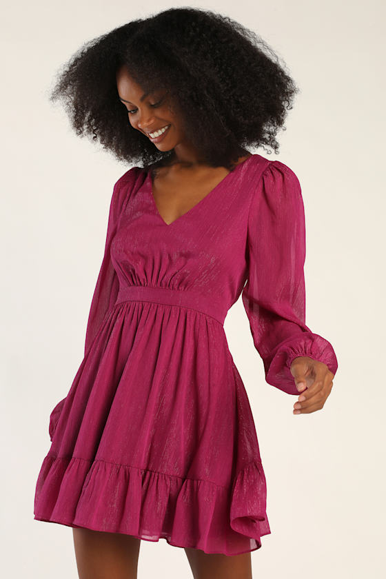 Magenta Lurex Mini Dress - Skater Dress - Long Sleeve Dress - Lulus