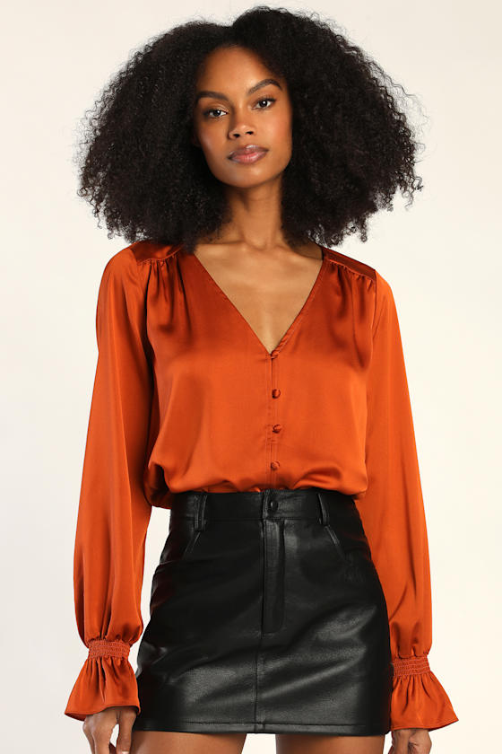 Rust Orange Button-Up Top - Satin Top - Satin Blouse - Lulus