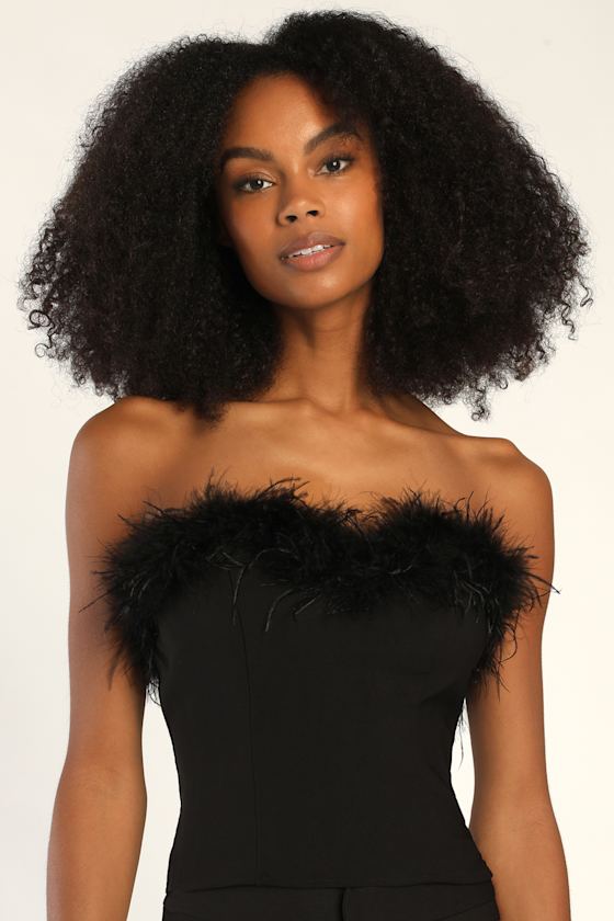 Flair for the Fabulous Black Feather Cropped Tube Top - Lulus