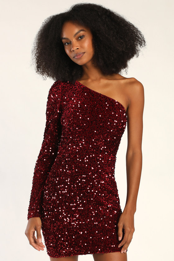 Burgundy Sequin Dress One Shoulder Dress Bodycon Mini Dress Lulus