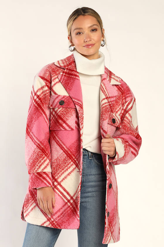 Pink and Red Coat - Plaid Coat - Shacket Coat - Quilt Lined Coat - Lulus