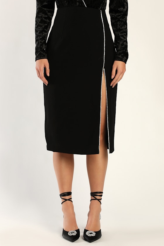 Black Midi Skirt - Rhinestone-Embellished Skirt - Midi Skirt - Lulus