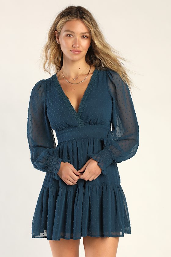 Blue Mini Dress - Tiered Skater Dress - Long Sleeve Dress - Lulus