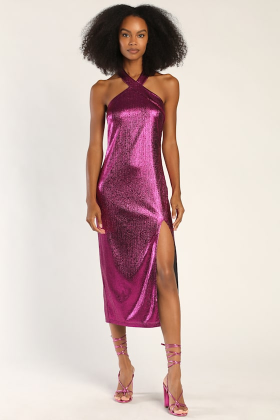Metallic Pink Dress - Midi Dress - Halter Dress - Backless Dress - Lulus