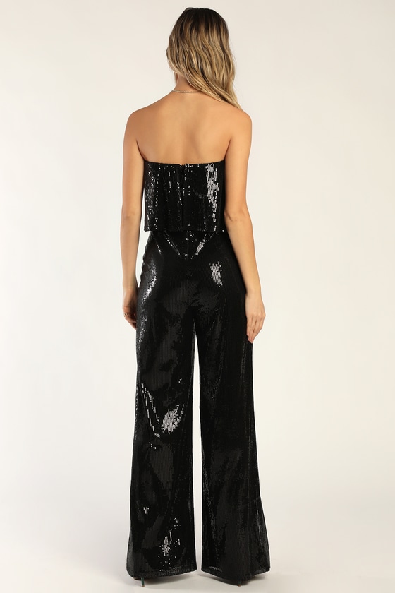 Sequin Black Jumpsuit Strapless Jumpsuit Wide Leg Jumpsuit Lulus