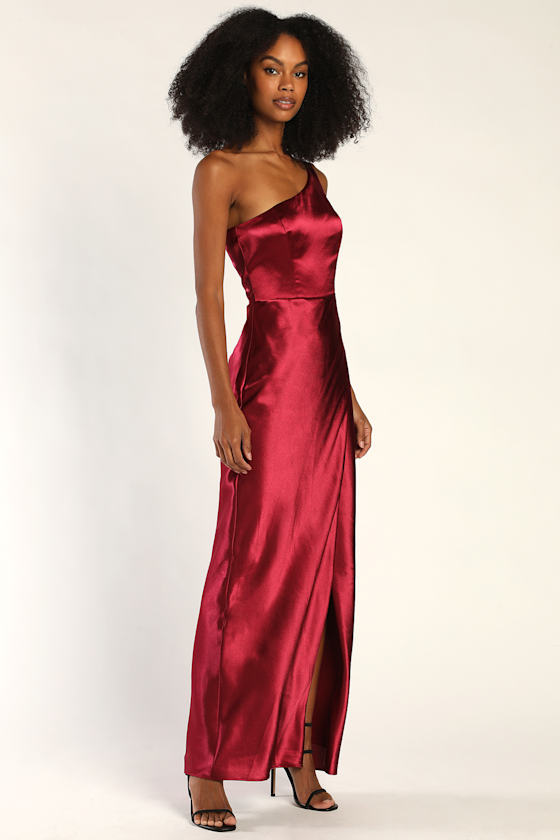 Wine Red Satin Dress - One Shoulder Maxi Dress - Satin Dress - Lulus