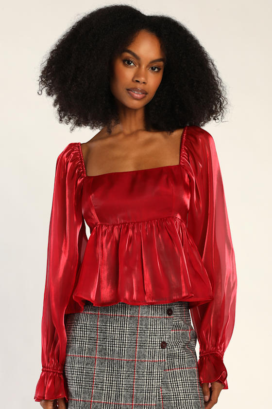 Red Shiny Long Sleeve Top - Organza Top - Long Sleeve Top - Lulus