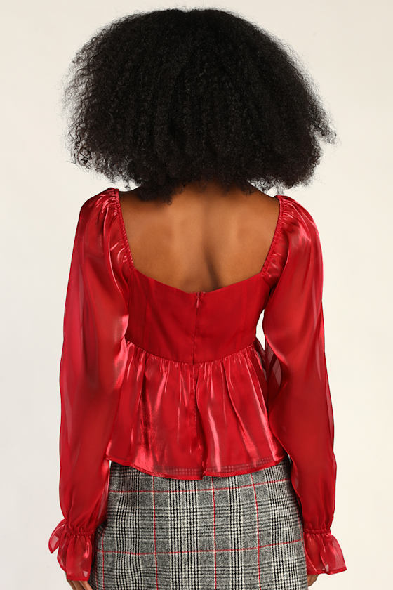 Red Shiny Long Sleeve Top - Organza Top - Long Sleeve Top - Lulus