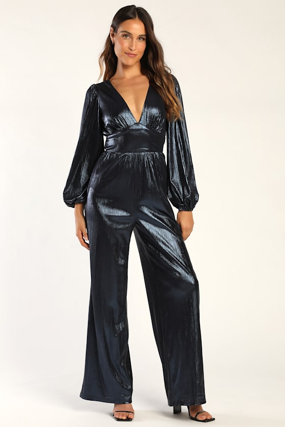 Shiny Blue Jumpsuit - Long Sleeve Jumpsuit - Backless Jumpsuit - Lulus