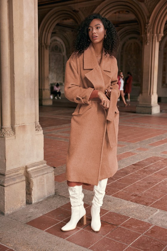 Light Brown Coat - Belted Coat - Brushed Overcoat - Long Light Brown Coat - Belted Coat - Brushed Overcoat - Long