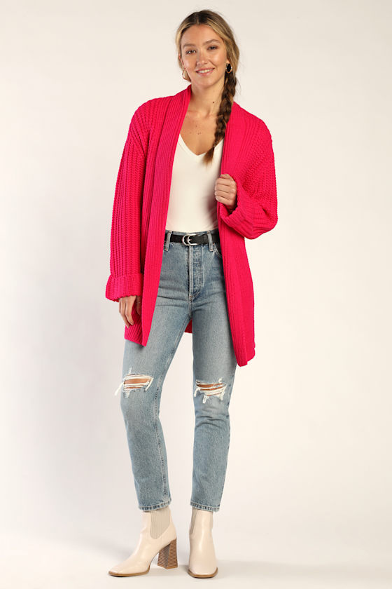 Hot Pink Cardigan - Belted Oversized Cardigan - Oversized Cardi - Lulus
