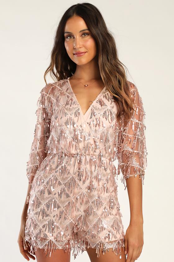 Rose Gold Romper - Sequin Fringe Romper - Chic Surplice Romper - Lulus