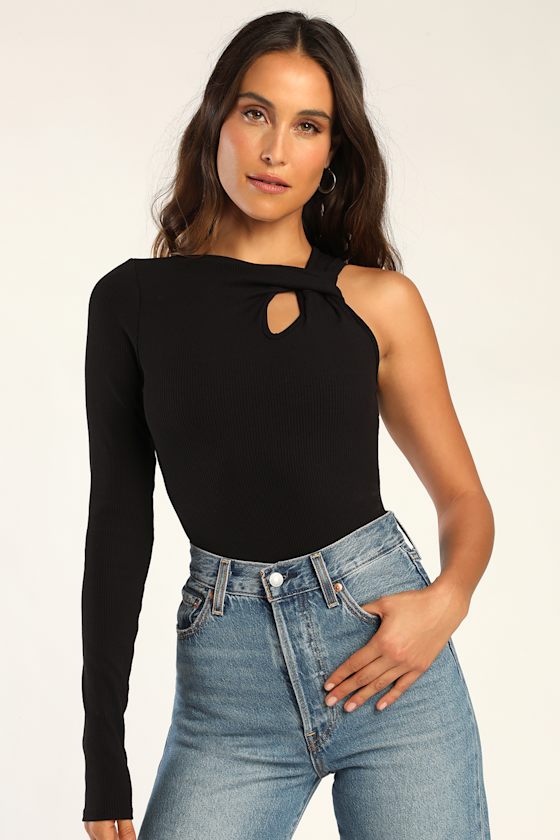 Black Ribbed Bodysuit - Asymmetrical Bodysuit - Black Top - Lulus