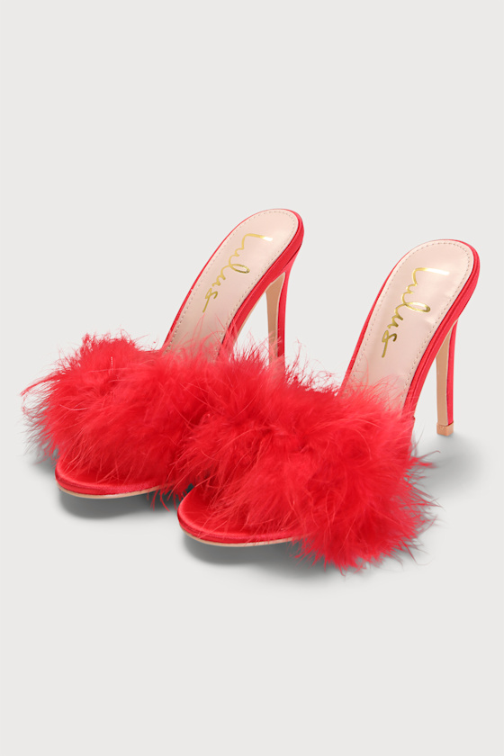 Bright Red Satin Heels - Feather High Heels - Satin High Heels - Lulus