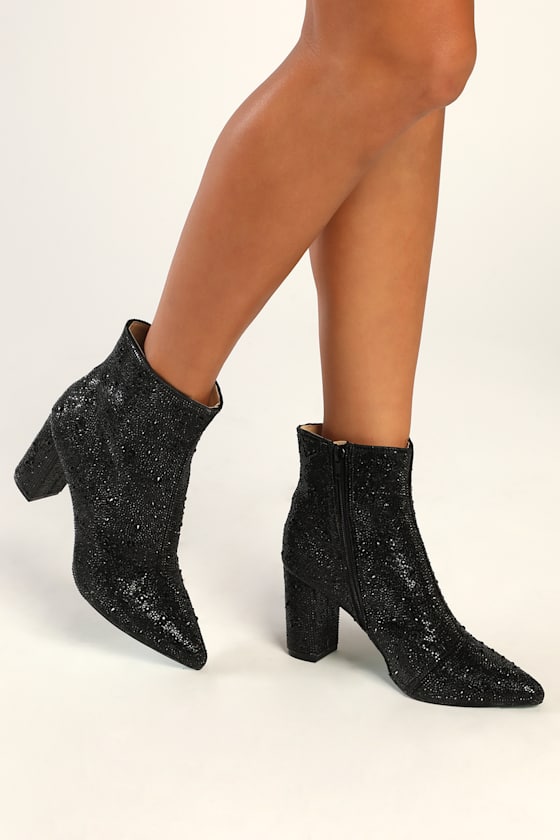 Betsey Johnson Cady - Black Ankle Boots - Rhinestone Boots - Lulus
