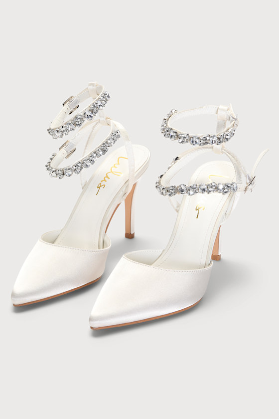 White Satin Heels - Rhinestone Heels - Ankle Strap Heels - Lulus