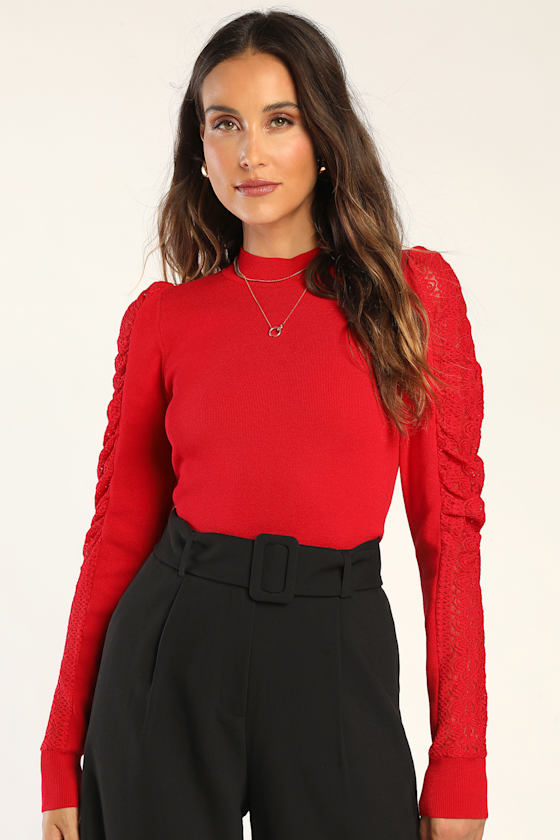 Red Sweater Top - Lace Sweater - Puff Shoulder Sweater - Lulus