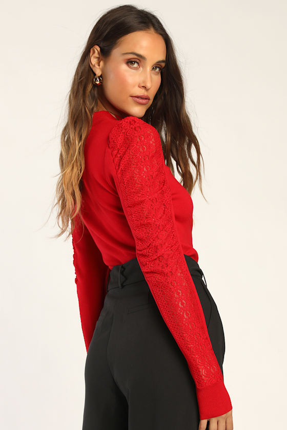 Red Sweater Top - Lace Sweater - Puff Shoulder Sweater - Lulus