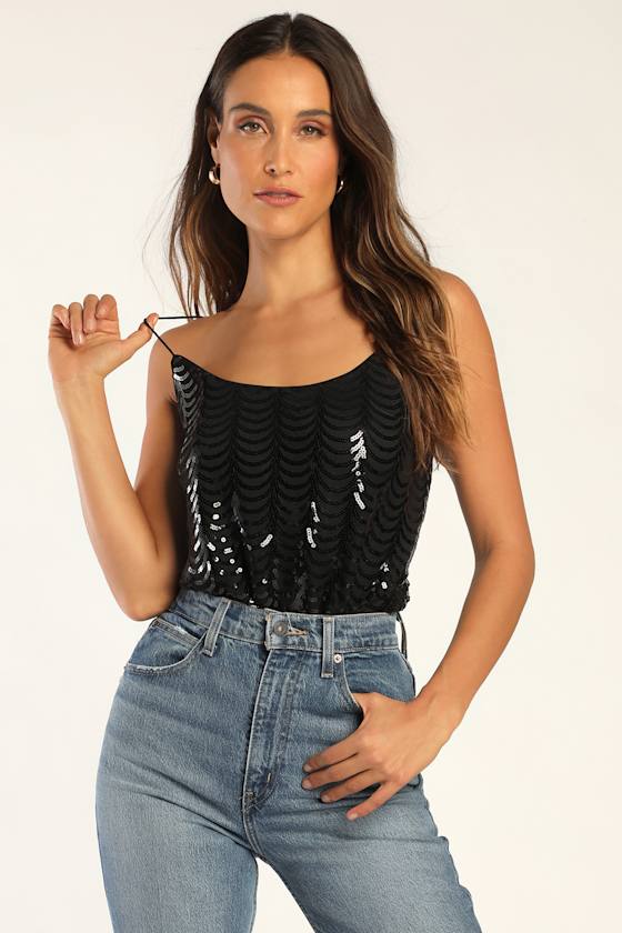 Black Sequin Bodysuit - Cami Bodysuit - Black Sleeveless Bodysuit - Lulus